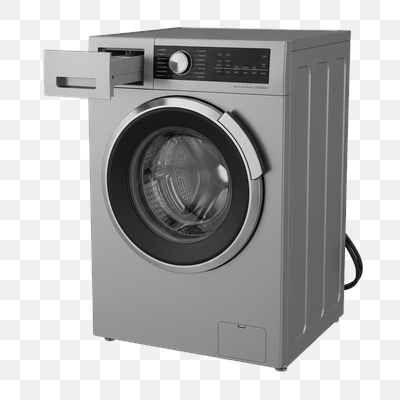 Modern Silver Front-Loading Washing Machine with Open Detergent Drawer ...